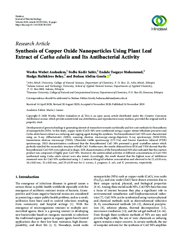 (PDF) Synthesis of Copper Oxide Nanoparticles Using Plant Leaf Extract ...