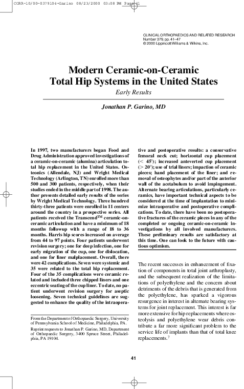 (PDF) Modern Ceramic-on-Ceramic Total Hip Systems in the United States