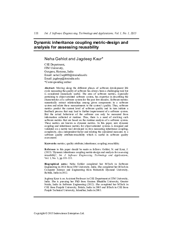 (PDF) Dynamic inheritance coupling metric-design and analysis for assessing reusability