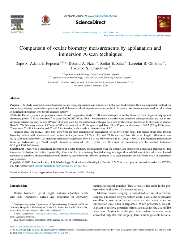 (PDF) Comparison of ocular biometry measurements by applanation and ...