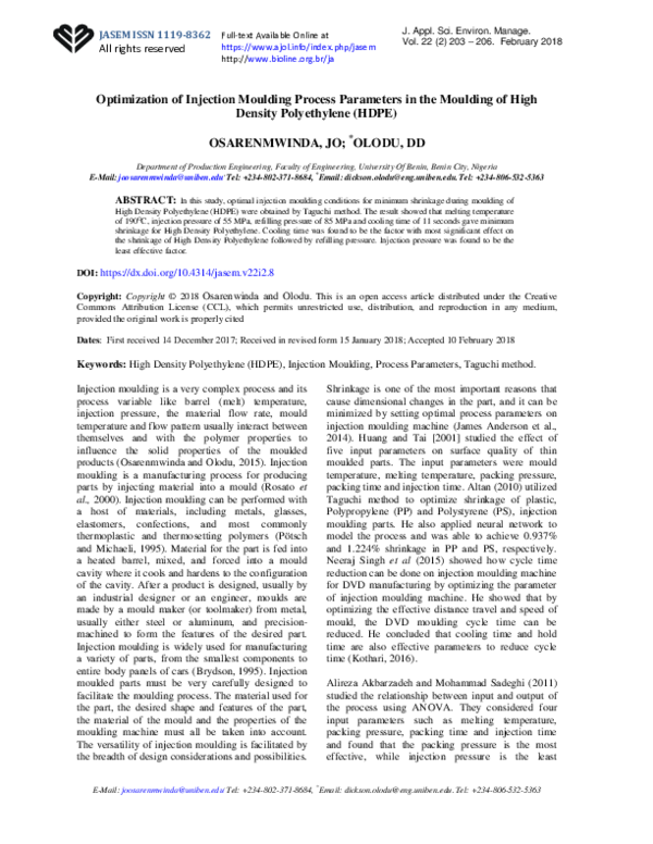 Pdf Optimization Of Injection Moulding Process Parameters For