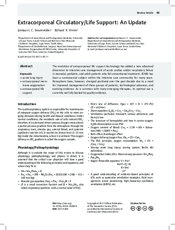 (PDF) Extracorporeal Circulatory/Life Support: An Update