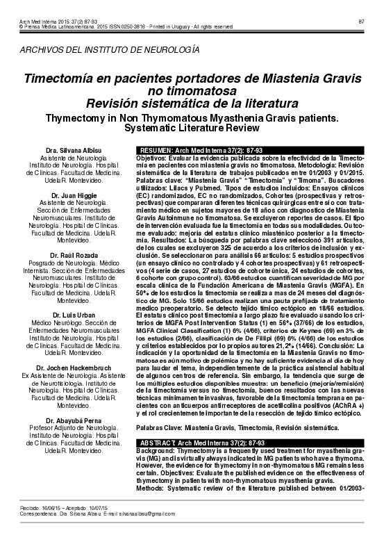 (PDF) Timectomía en pacientes portadores de Miastenia Gravis no ...
