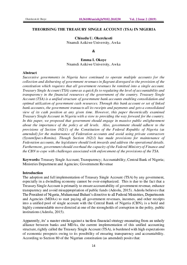 (PDF) Theorising the Treasury Single Account (Tsa) in Nigeria