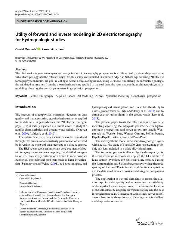 (PDF) Utility of forward and inverse modeling in 2D electric tomography for Hydrogeologic studies