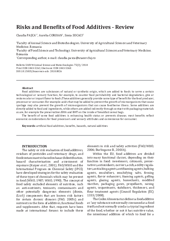 (PDF) Risks and Benefits of Food Additives - Review