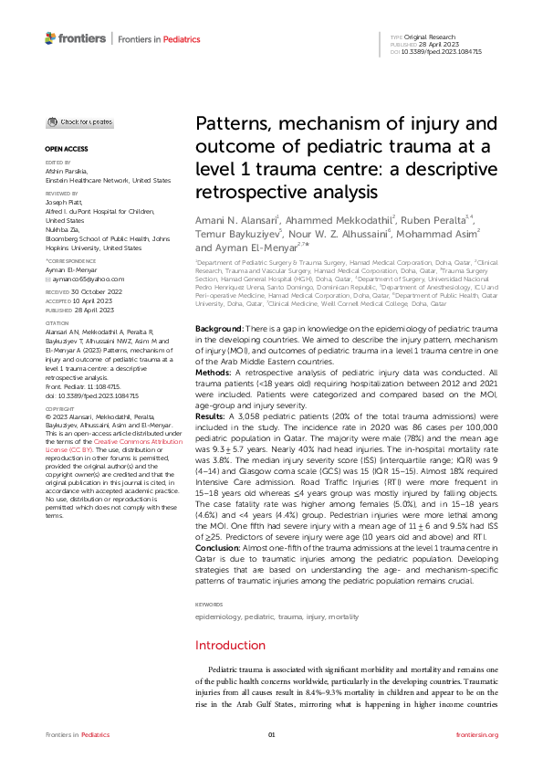 (PDF) Patterns, mechanism of injury and outcome of pediatric trauma at ...