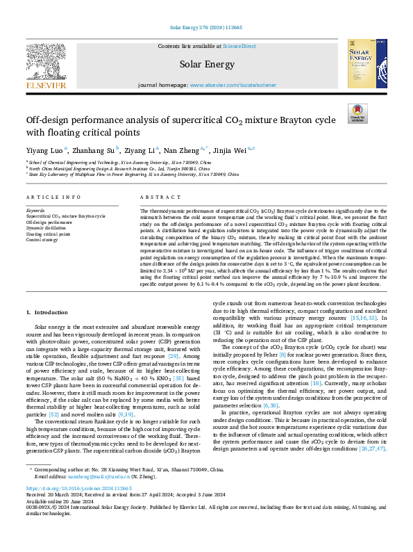 (PDF) Off-design performance analysis of supercritical CO 2 mixture Brayton cycle with floating ...