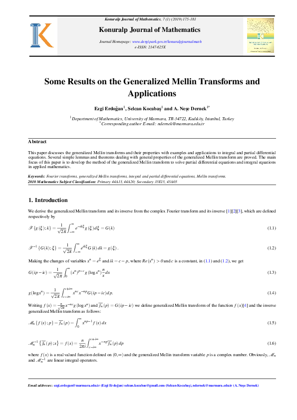 (PDF) Some Results on the Generalized Mellin Transforms and Applications | Neşe Dernek ...