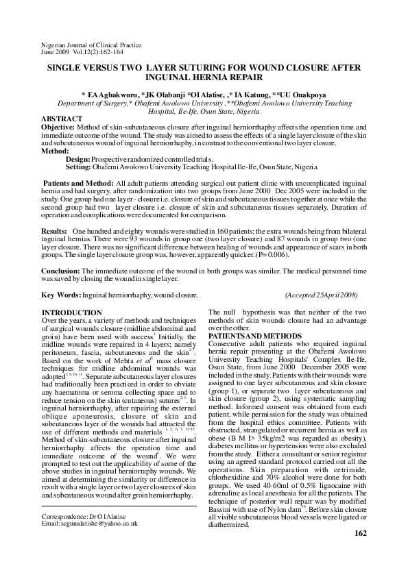 (PDF) Single versus two layer suturing for wound closure after inguinal ...