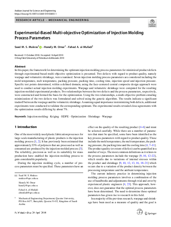 (PDF) Experimental-Based Multi-objective Optimization of Injection Molding Process Parameters