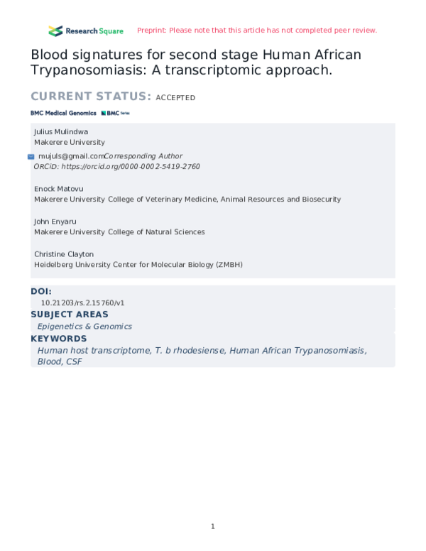 (PDF) Blood signatures for second stage Human African Trypanosomiasis ...