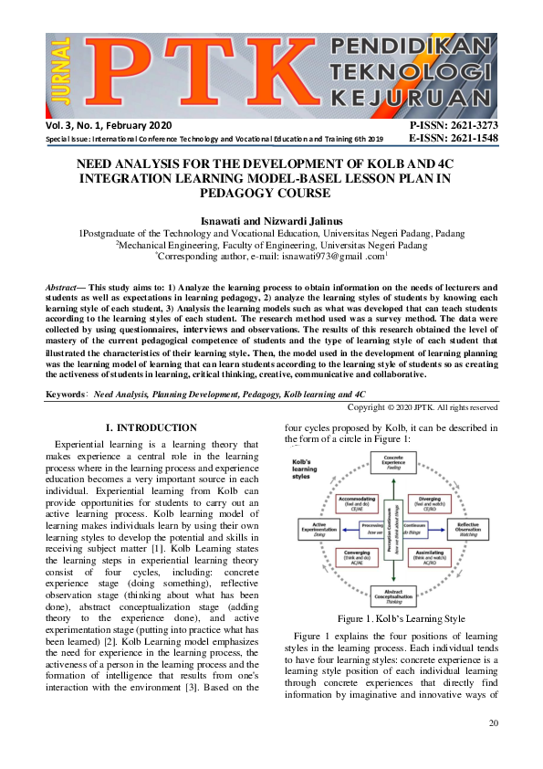 (PDF) Need Analysis for the Development of Kolb and 4C Integration ...