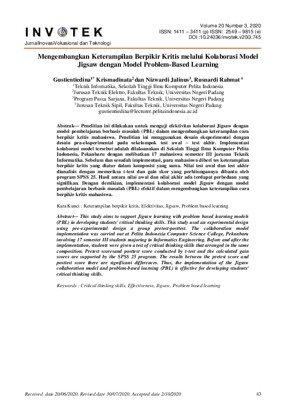 (PDF) Mengembangkan Ketrampilan Berpikir Kritis Melalui Kolaborasi Model Jigsaw dengan Model ...