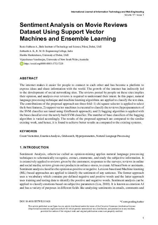 (PDF) Sentiment Analysis on Movie Reviews Dataset Using Support Vector Machines and Ensemble ...