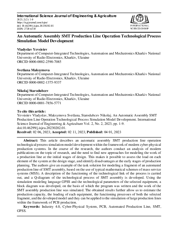(PDF) An Automatic Assembly SMT Production Line Operation Technological Process Simulation Model ...