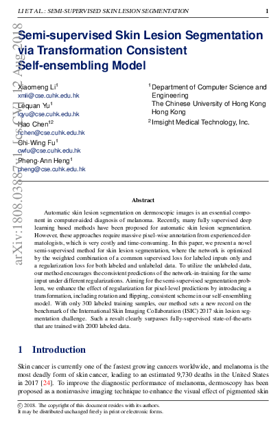 (PDF) Semi-supervised Skin Lesion Segmentation via Transformation Consistent Self-ensembling ...