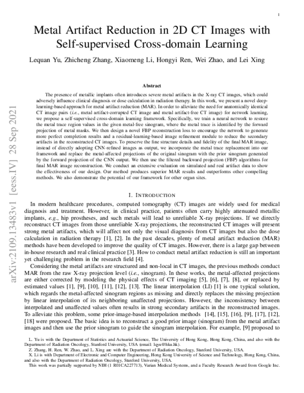 Pdf Self Supervised Metal Artifact Reduction In Ct