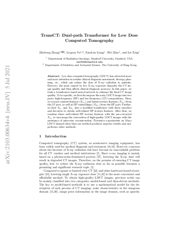 (PDF) TransCT: Dual-path Transformer for Low Dose Computed Tomography