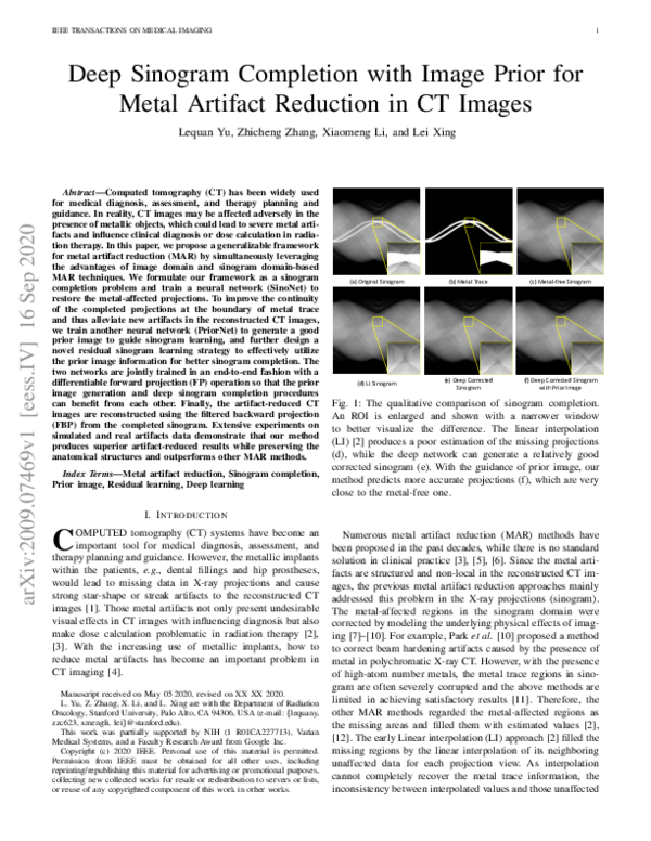 (PDF) Deep Sinogram Completion With Image Prior for Metal Artifact Reduction in CT Images ...