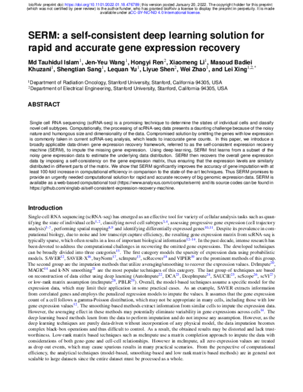 (PDF) SERM: a self-consistent deep learning solution for rapid and accurate gene expression recovery