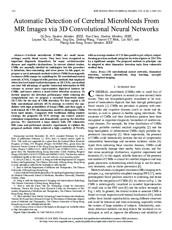 (PDF) Automatic Detection of Cerebral Microbleeds From MR Images via 3D Convolutional Neural ...