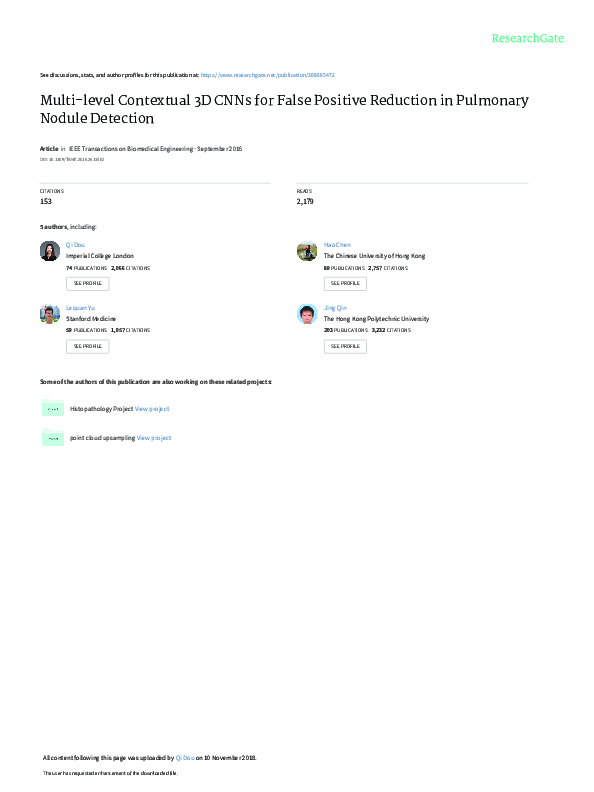 Pdf Multilevel Contextual 3 D Cnns For False Positive Reduction In Pulmonary Nodule Detection