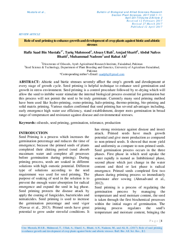 (PDF) Role of Seed Priming to Enhance Growth and Development of Crop Plants Against Biotic and ...