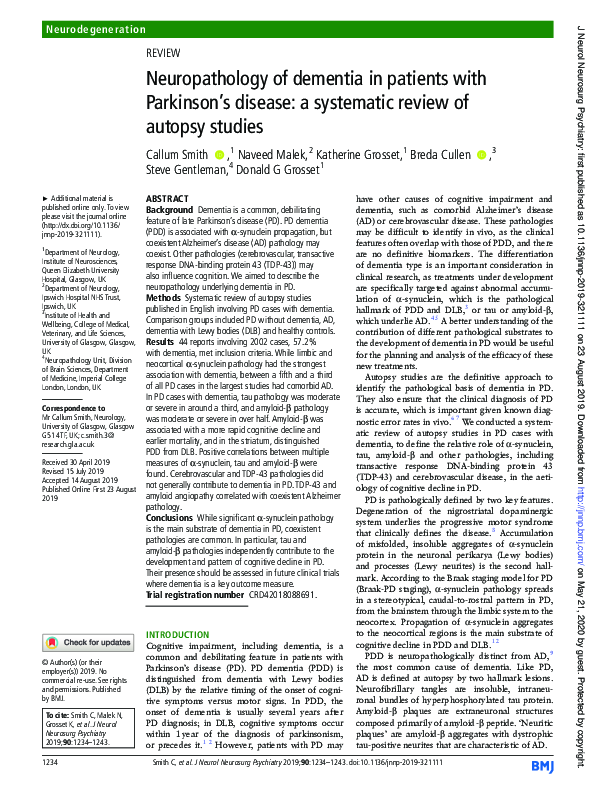 (PDF) Neuropathology of dementia in patients with Parkinson’s disease: a systematic review of ...