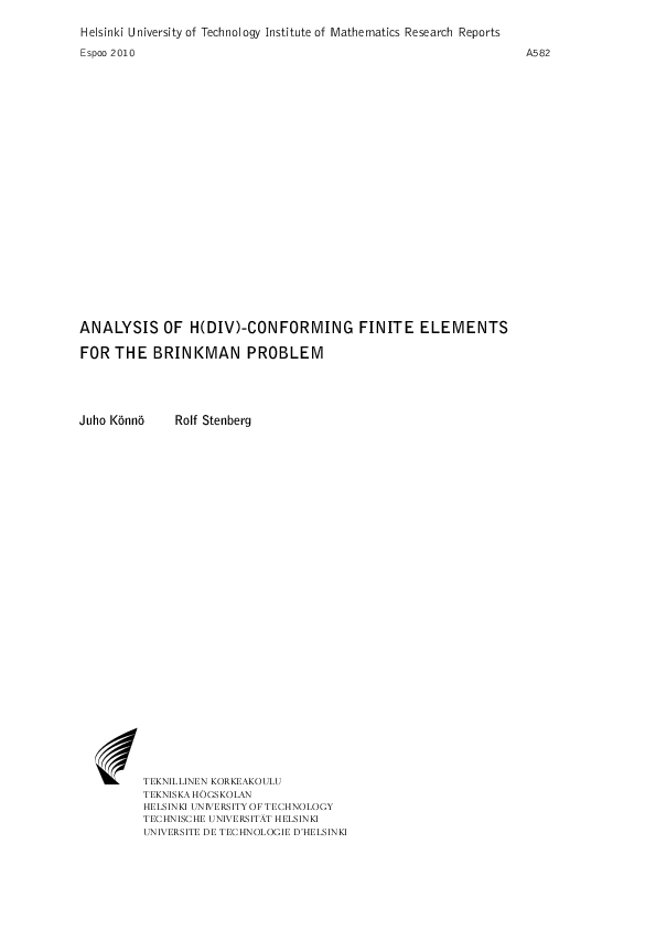 Pdf H Div Conforming Finite Elements For The Brinkman Problem