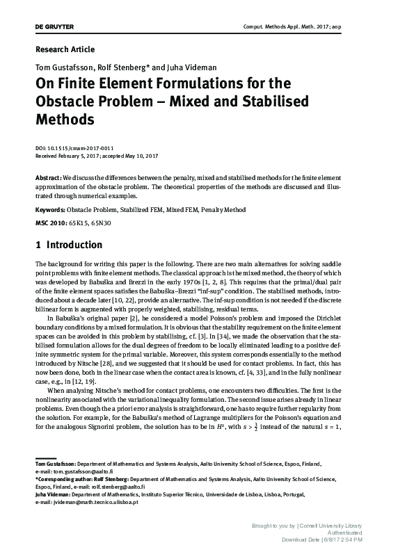 (PDF) On Finite Element Formulations for the Obstacle Problem – Mixed ...