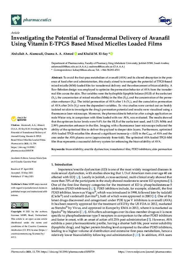 (PDF) Investigating the Potential of Transdermal Delivery of Avanafil Using Vitamin E-TPGS Based ...
