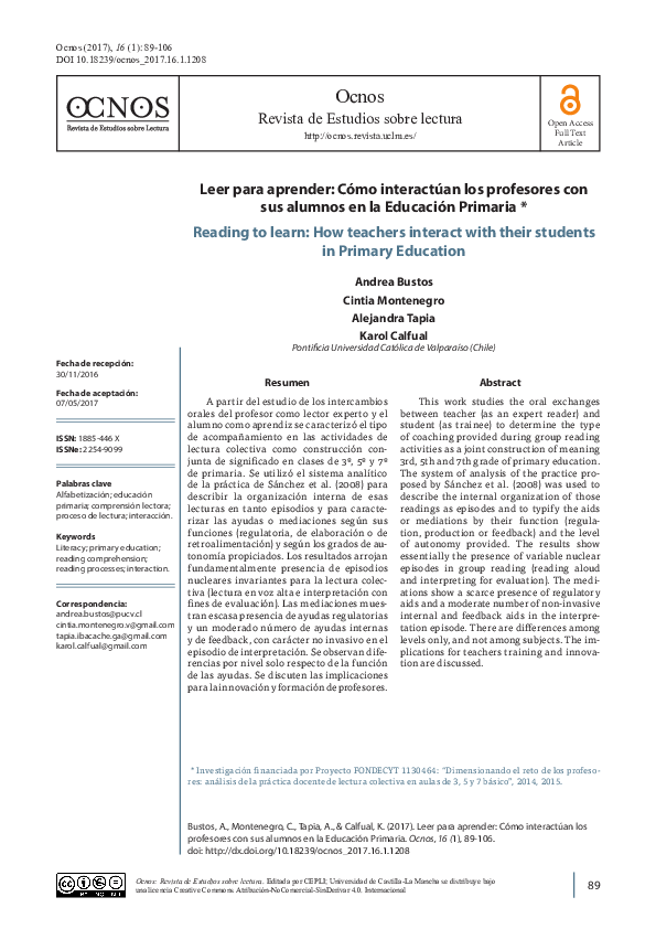 (PDF) Leer para aprender: Cómo interactúan los profesores con sus alumnos en la educación primaria
