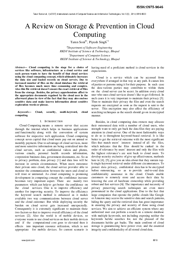 (PDF) A Review on Storage & Prevention in Cloud Computing