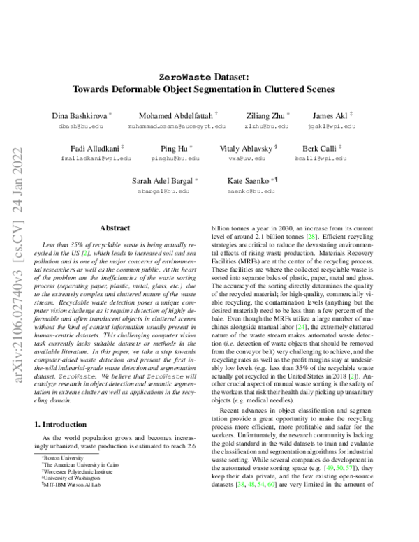 (PDF) ZeroWaste Dataset: Towards Deformable Object Segmentation in Cluttered Scenes