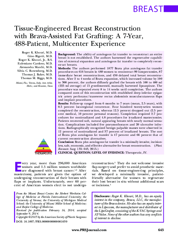 (PDF) Tissue-Engineered Breast Reconstruction with Brava-Assisted Fat ...