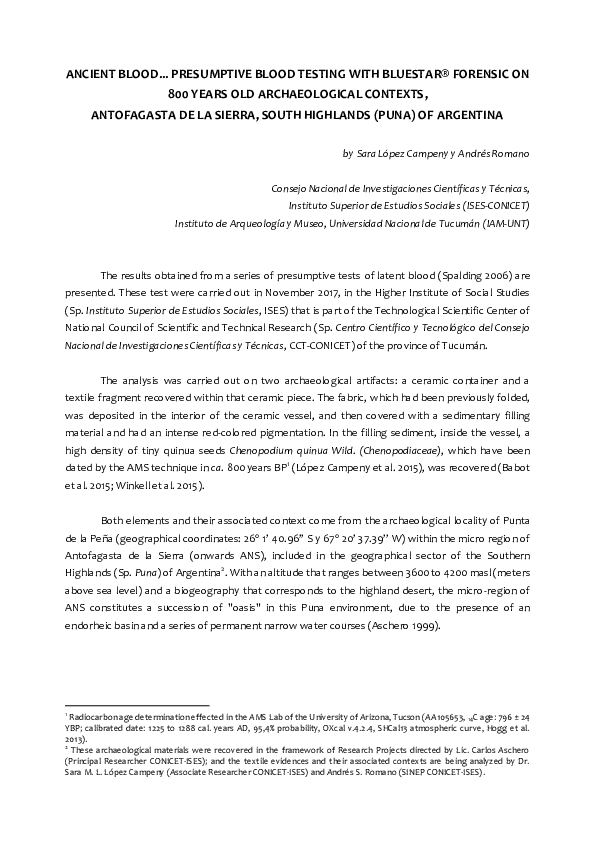 (PDF) Ancient Blood... Presumptive Blood Testing with Bluestar ...