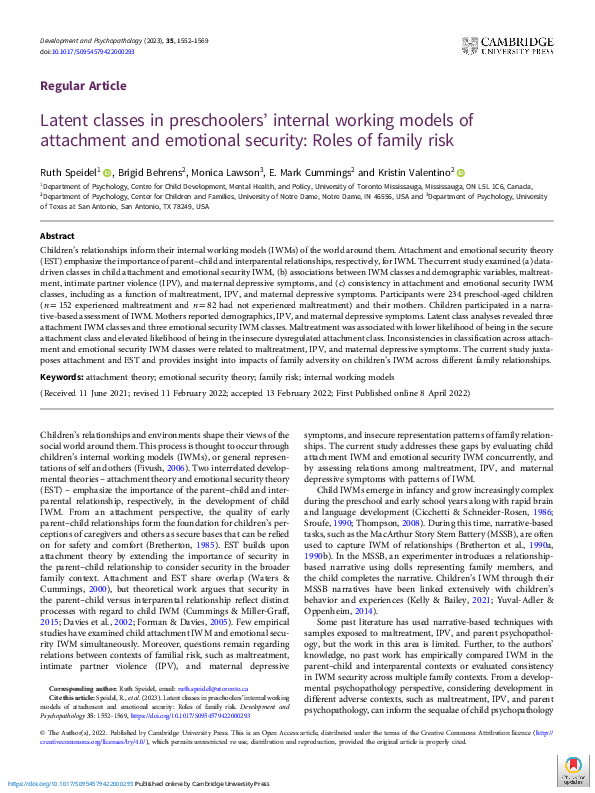 (PDF) Latent classes in preschoolers’ internal working models of attachment and emotional ...