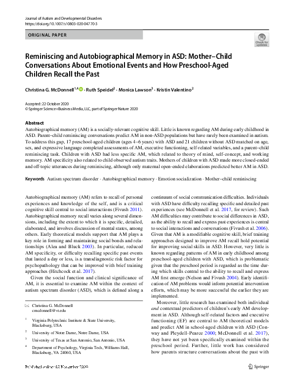 (PDF) Reminiscing and Autobiographical Memory in ASD: Mother–Child ...