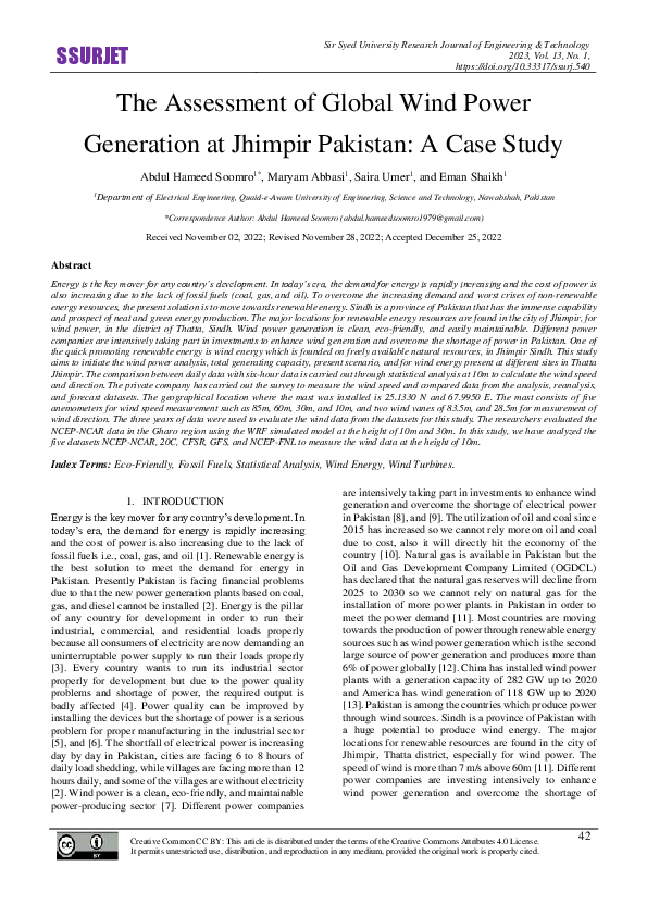 (PDF) Assessment of Global Wind Power Generation at Jhimpir Pakistan-A ...