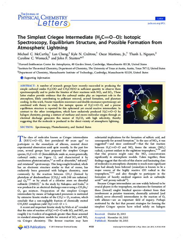 (PDF) The Simplest Criegee Intermediate (H2C═O–O): Isotopic ...