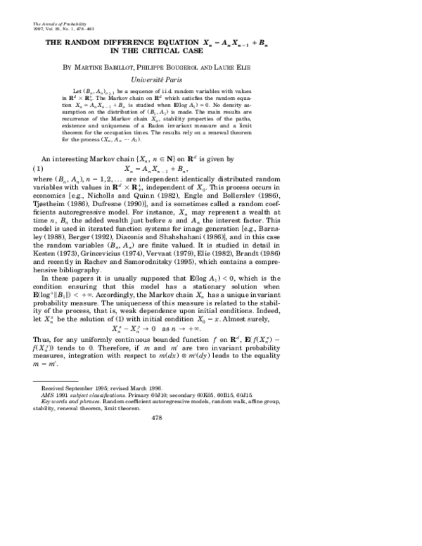 (PDF) The random difference equation $X\sb n=A\sb nX\sb {n-1}+B\sb n ...