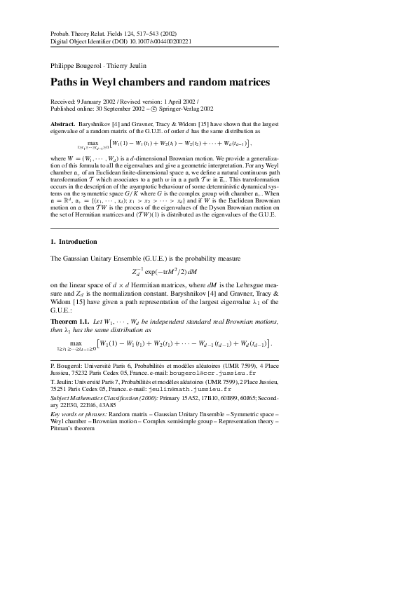 (PDF) Paths in Weyl chambers and random matrices