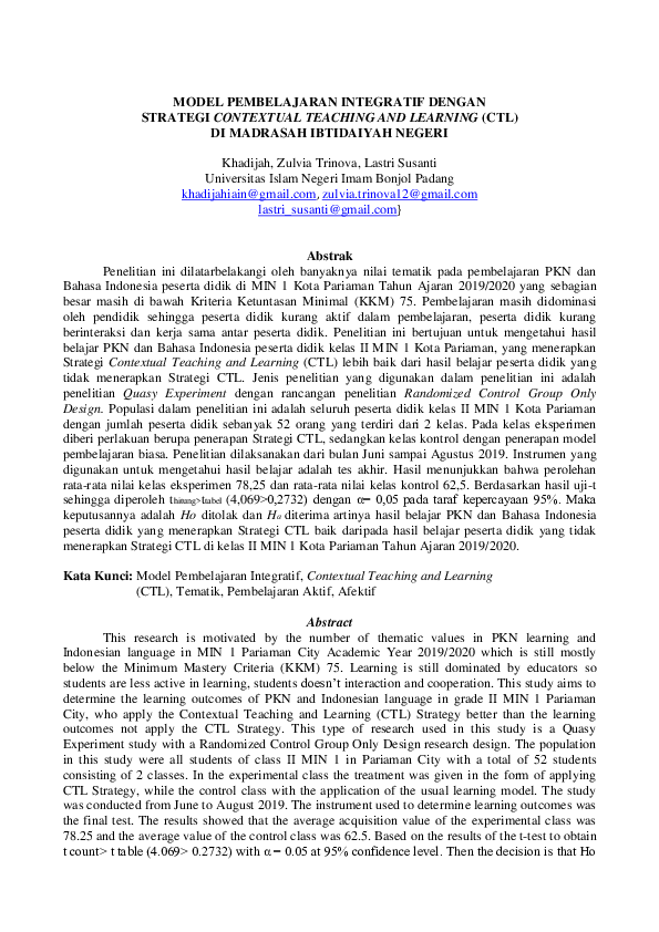 (PDF) Model Pembelajaran Integratif Dengan Strategi Contextual Teaching ...