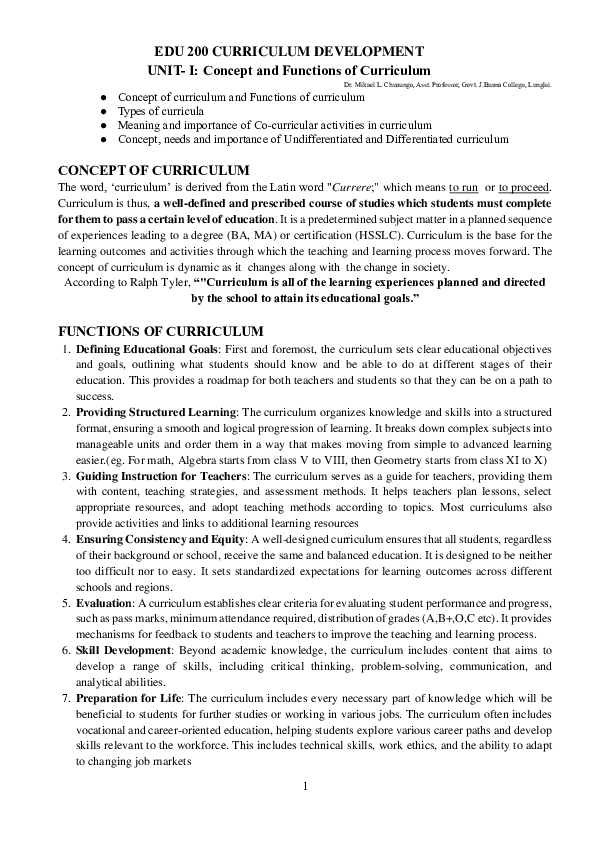 (PDF) EDU 200 UNIT-I: Concept and Functions of Curriculum