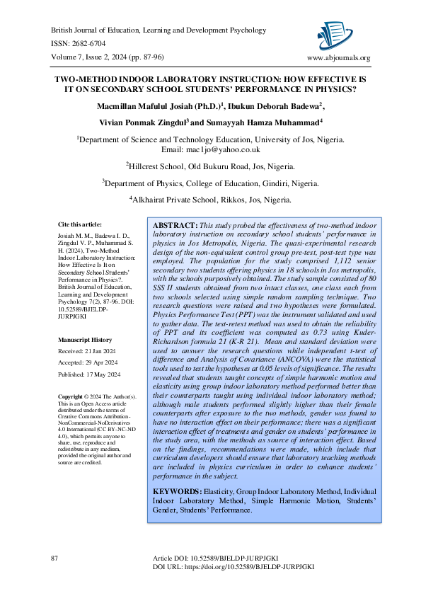 (PDF) TWO-METHOD INDOOR LABORATORY INSTRUCTION: HOW EFFECTIVE IS IT ON SECONDARY SCHOOL STUDENTS ...
