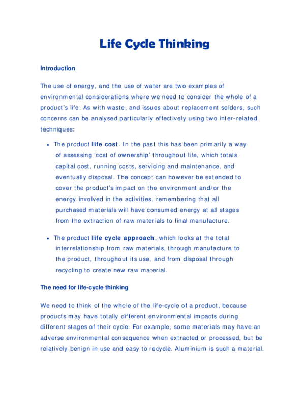 (PDF) Life cycle thinking