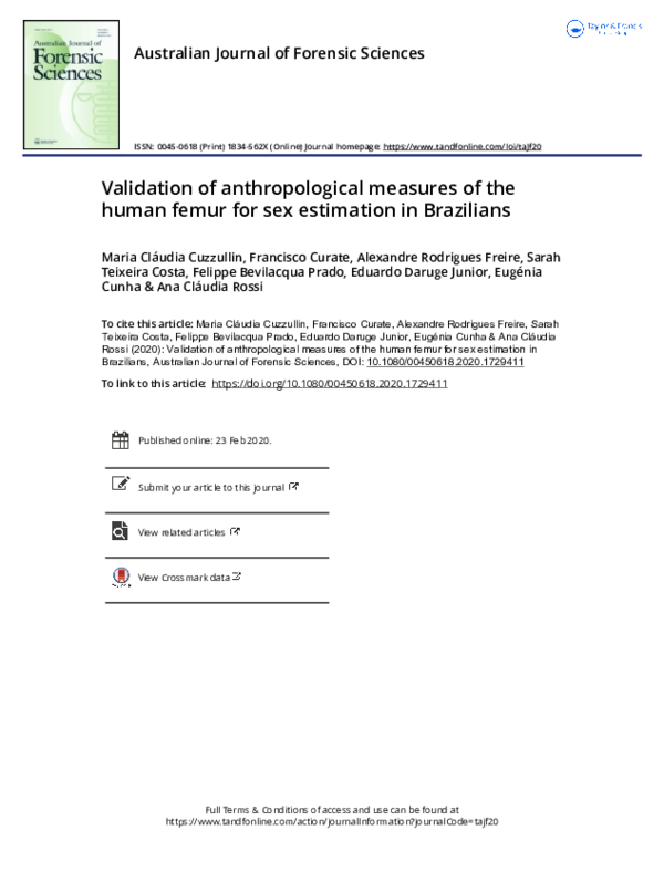Pdf Validation Of Anthropological Measures Of The Human Femur For Sex