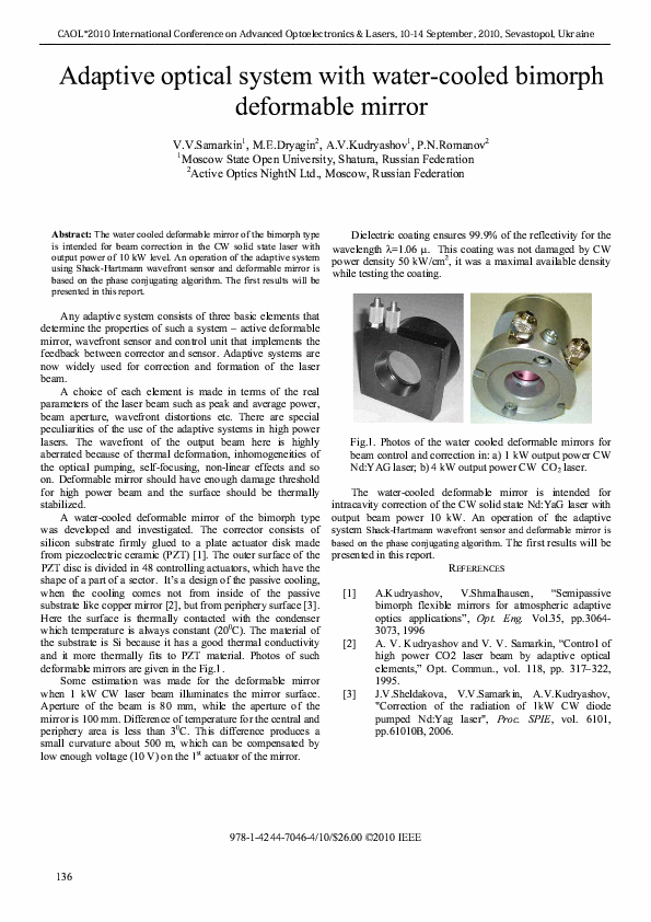 (PDF) Adaptive optical system with water-cooled bimorph deformable mirror