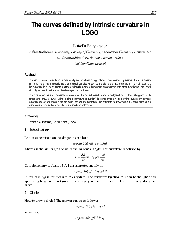 (PDF) Drawing Intrinsic Curvature Curves in LOGO: The Cornu Spiral